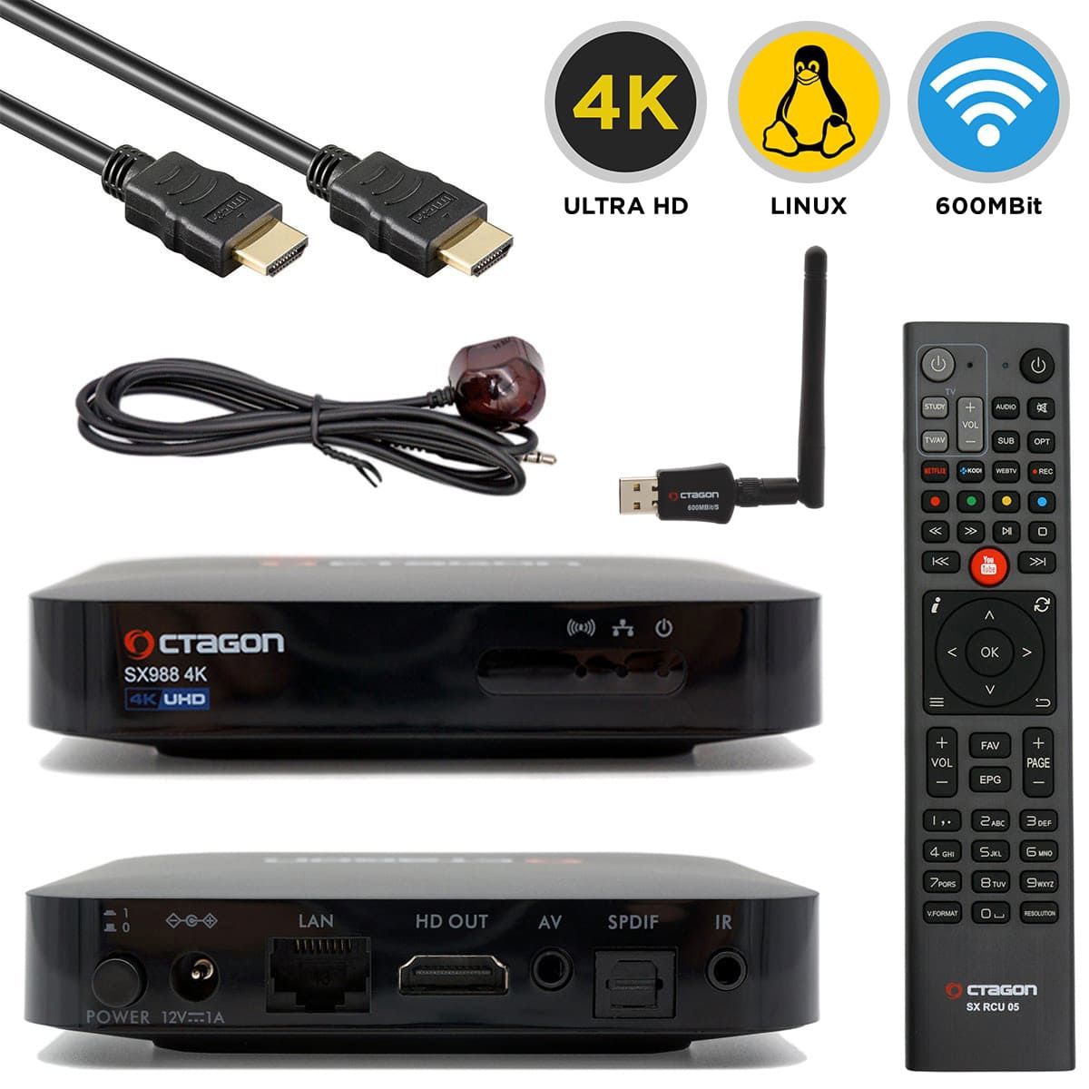 Octagon SX988 4K UHD Linux E2 IP-Receiver mit 600 MBit/s WLAN Stick H ...