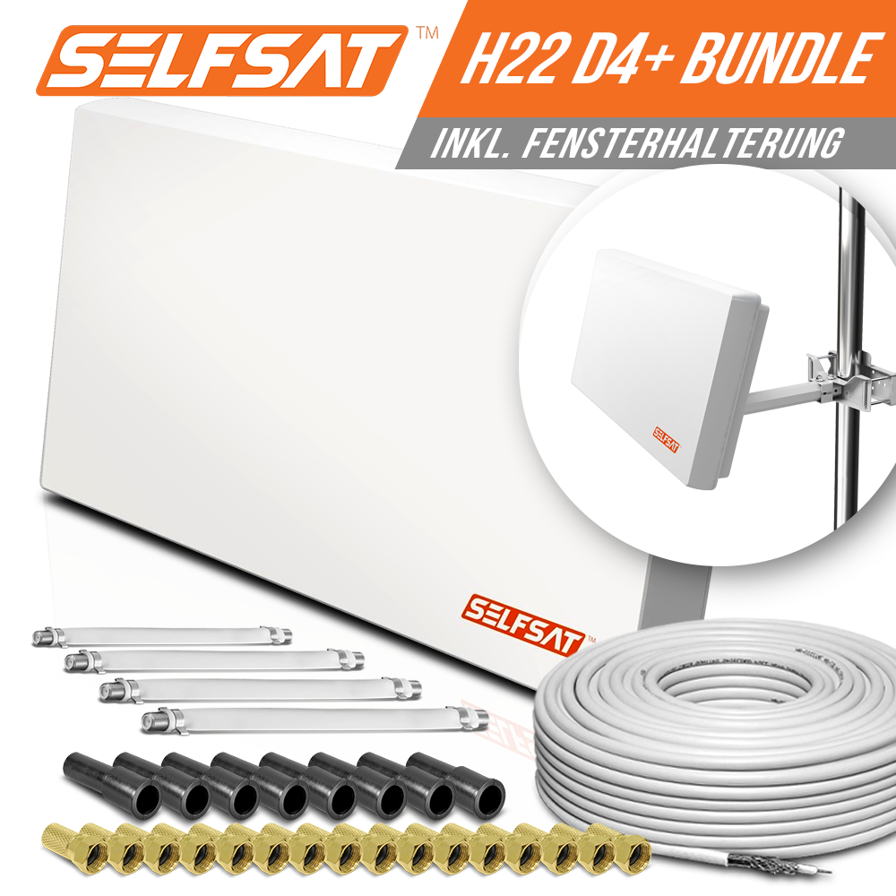 Selfsat H22D4+ 4 TV Teilnehmer SAT Flachantenne FLAT + Fensterdurchführung + Kabel FULL HD 4K ...