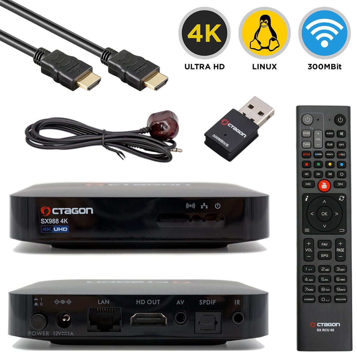 Octagon SX988 4K UHD Linux E2 IP-Receiver mit 300 MBit/s WLAN Stick H ...
